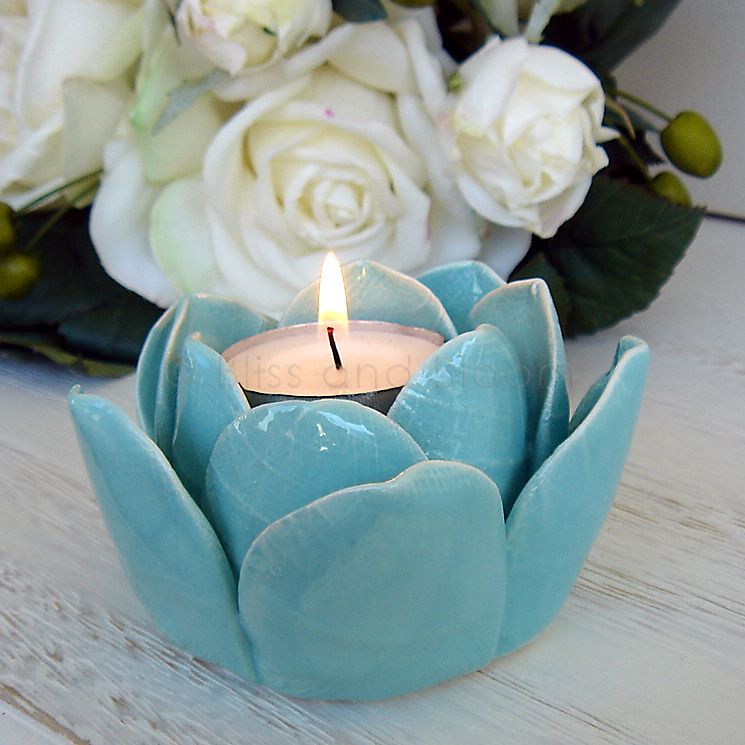 Teal flower tea light holders x 3 | Bliss and Bloom