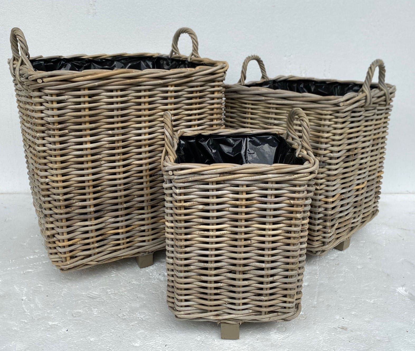 Indoor Outdoor Kubu Rattan Square Basket Planters with Handles Grey ...